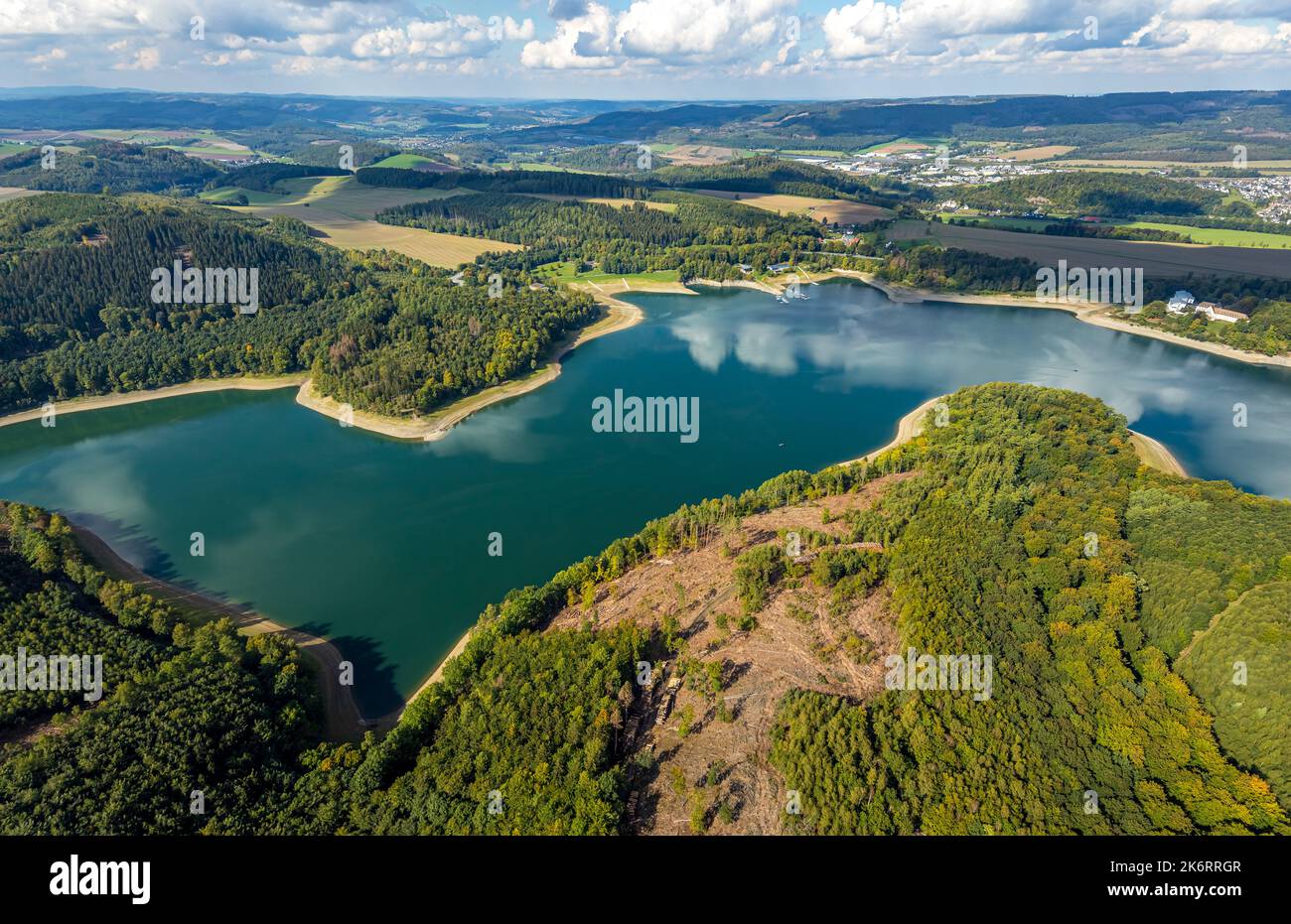 Aerial view, Hennesee, low water, Berghausen, Meschede, Sauerland ...