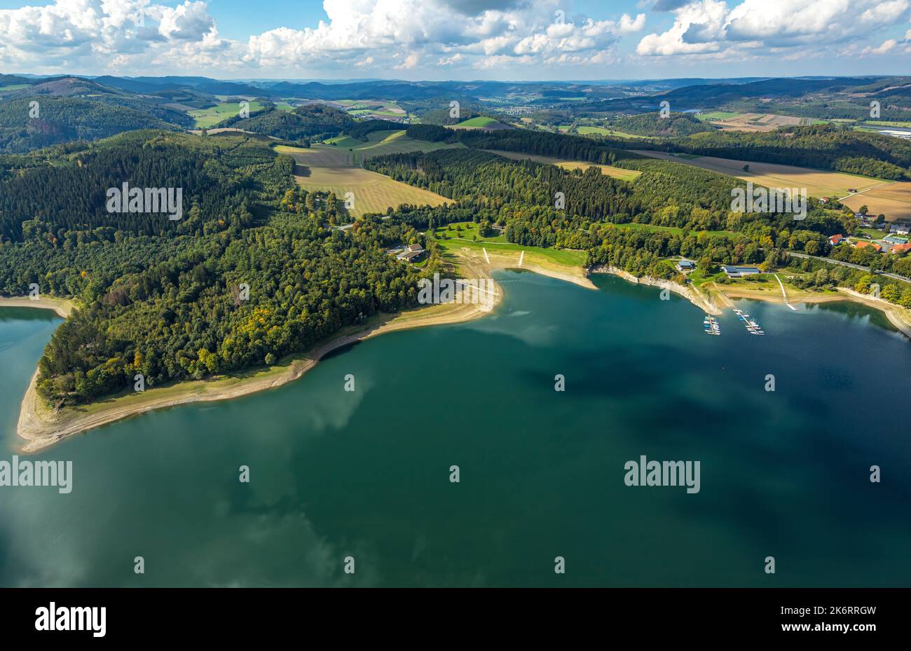 Aerial view, Hennesee, low water, Berghausen, Meschede, Sauerland ...