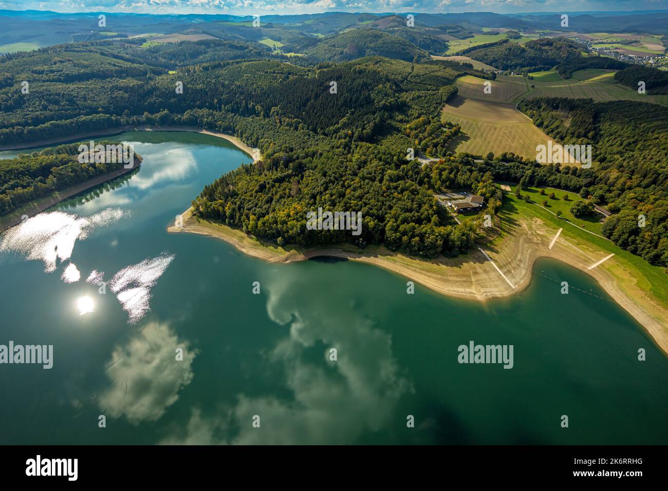 Aerial view, Hennesee, low water, Berghausen, Meschede, Sauerland ...