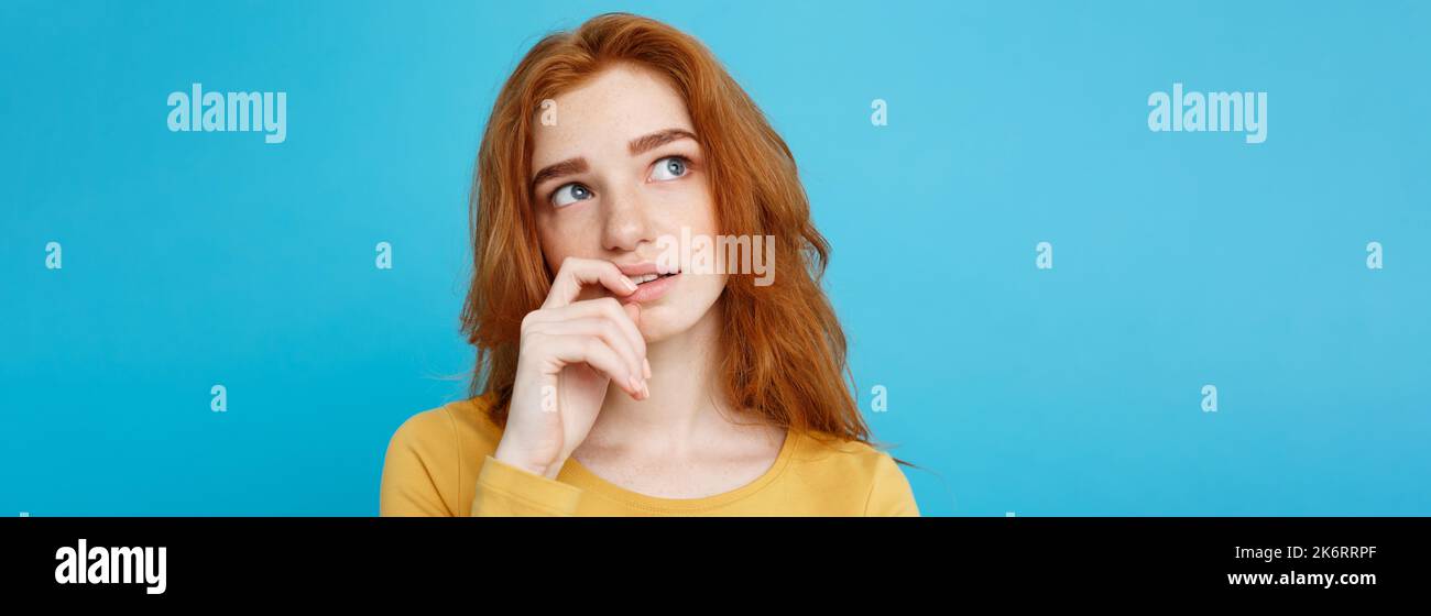 Headshot Portrait of happy ginger red hair girl with freckles smiling ...