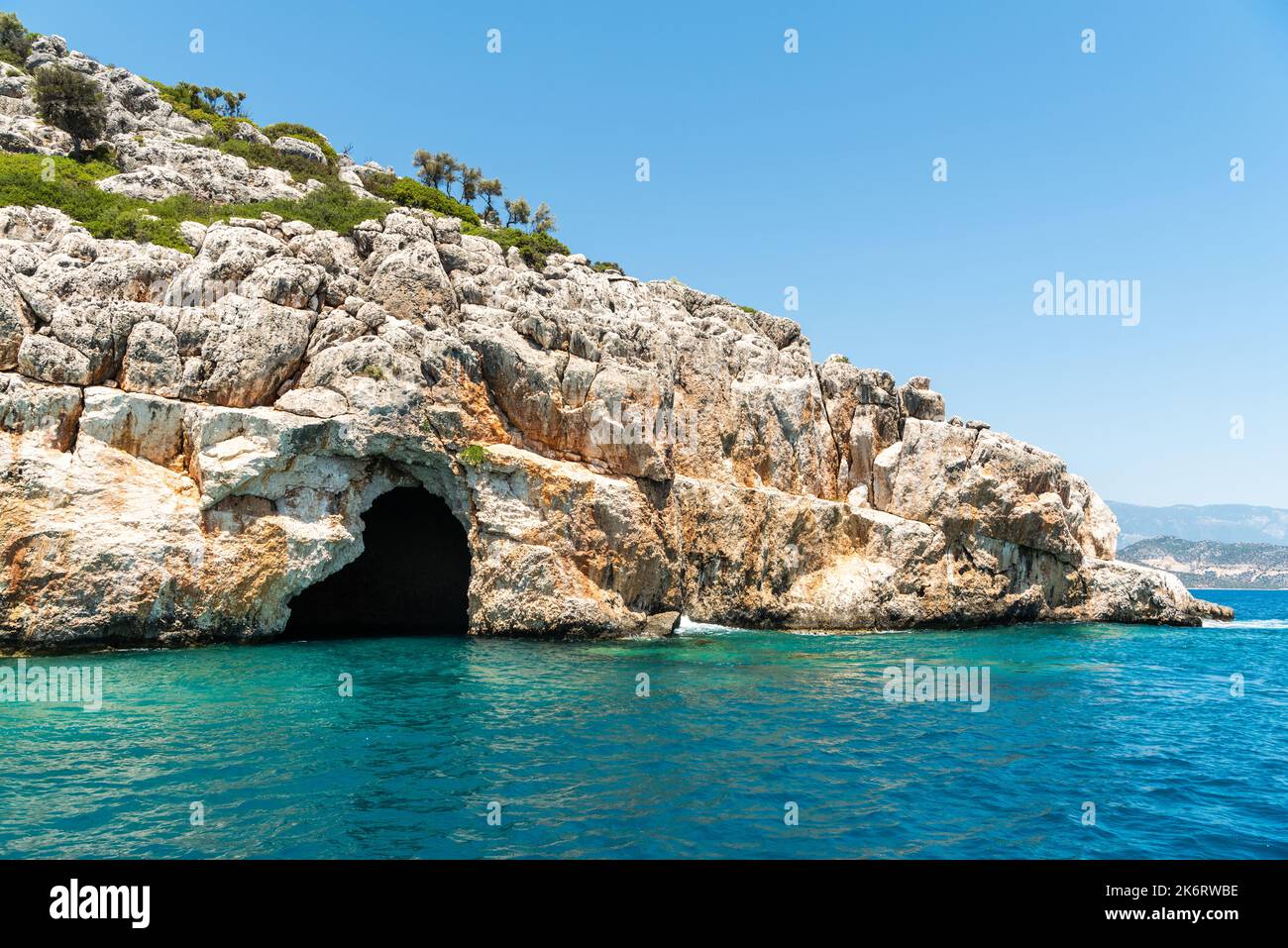 Blue Cave, also known as the Pirates Cave, on the Mediterranean ...