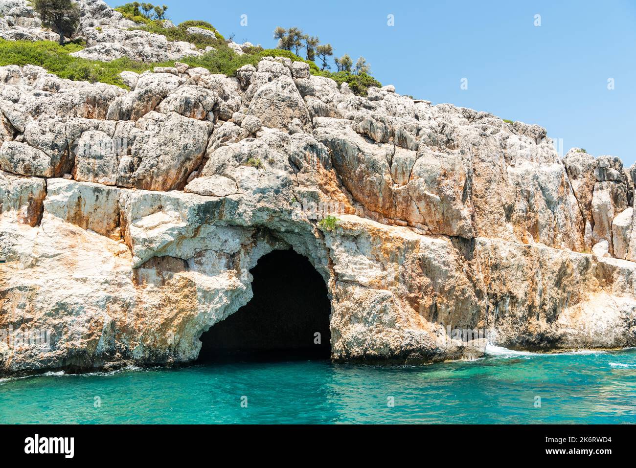 Blue Cave, also known as the Pirates Cave, on the Mediterranean ...