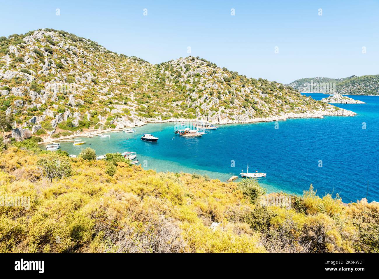 View of Hamidiye Bay in Kekova area of Antalya province of Turkey, with ...