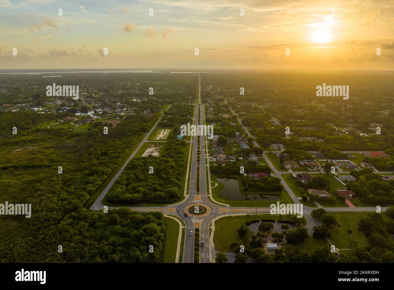 Aerial view of american suburban area with rural road roundabout ...