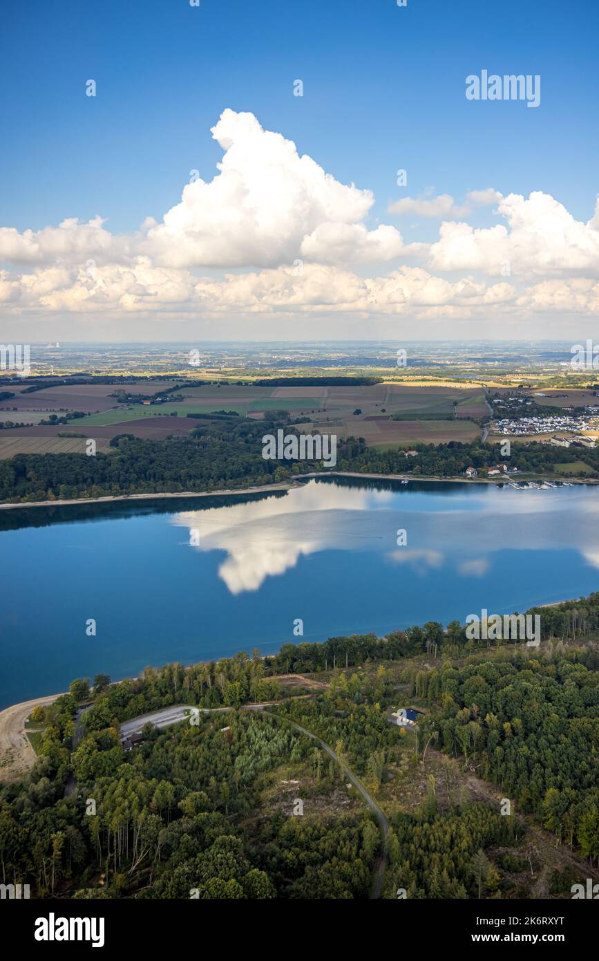 Aerial view, distant view and blue sky with clouds, reflection of ...