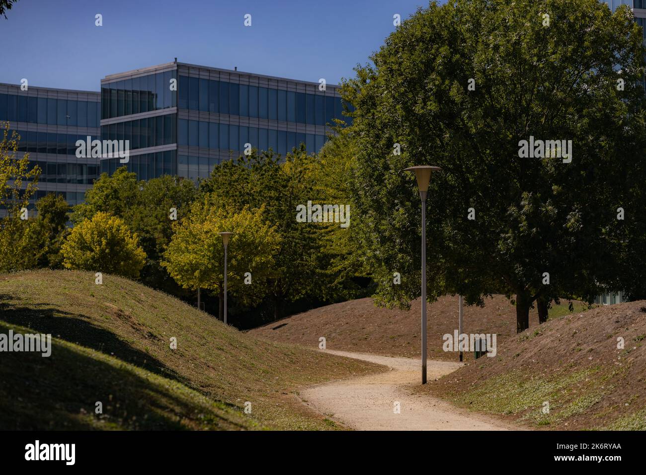 Beautiful s-shape path in park with trees and buildings Stock Photo - Alamy