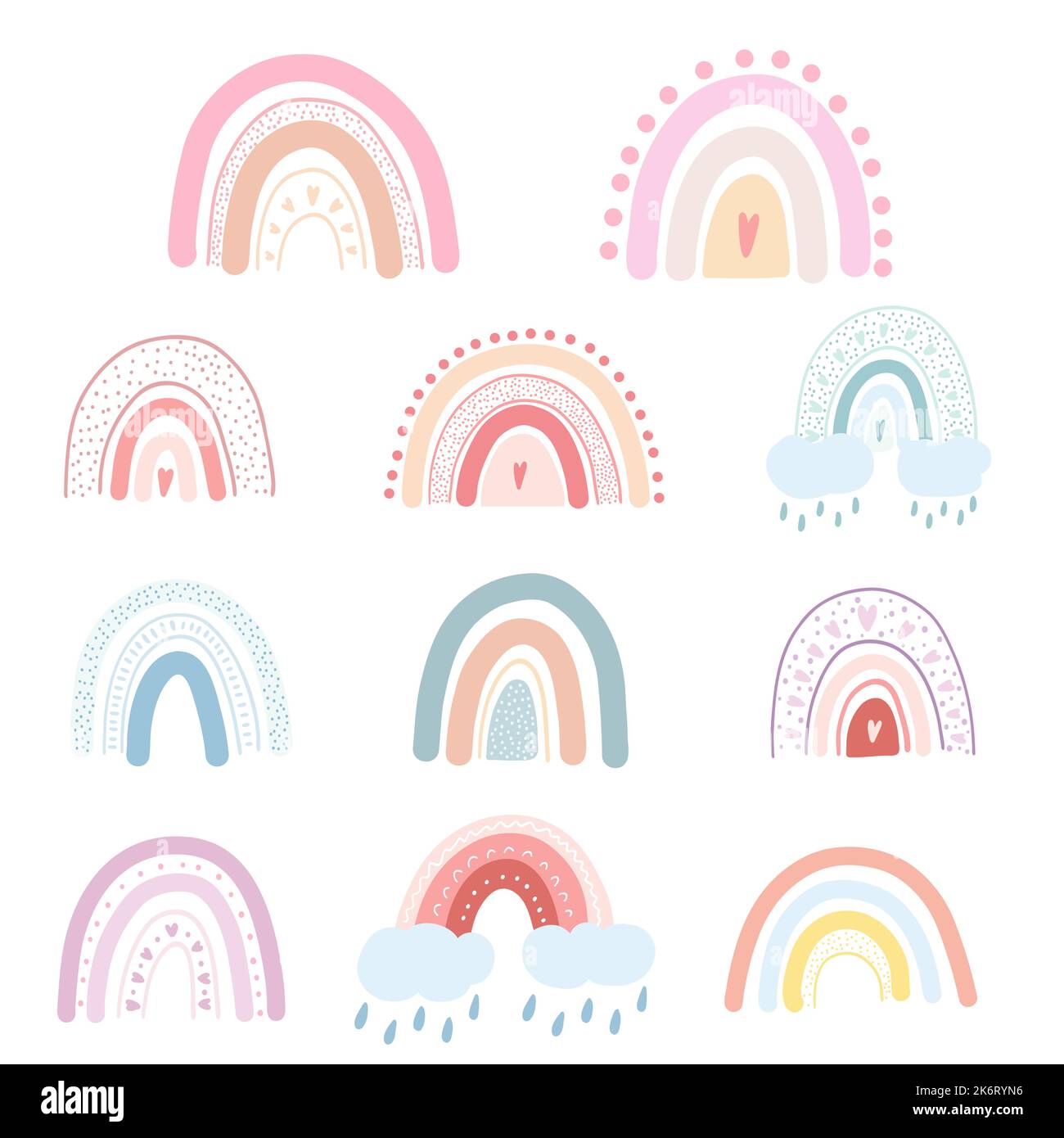 Set of hand drawn rainbows with hearts, clouds, raindrops. Vector ...