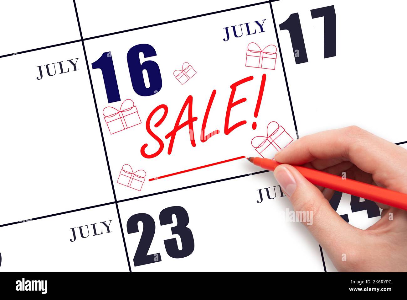 16th day of July. Hand writing text SALE and drawing gift boxes on ...