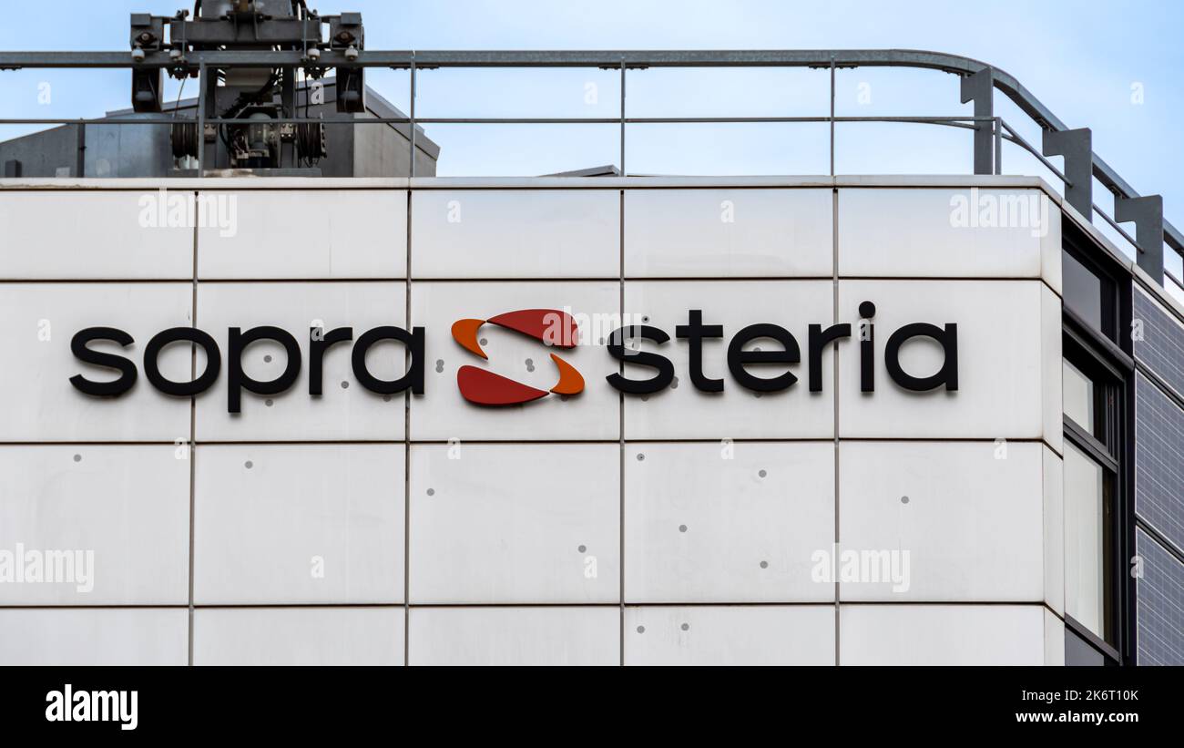 Logo on top of the positive energy building of Sopra Steria, a French ...