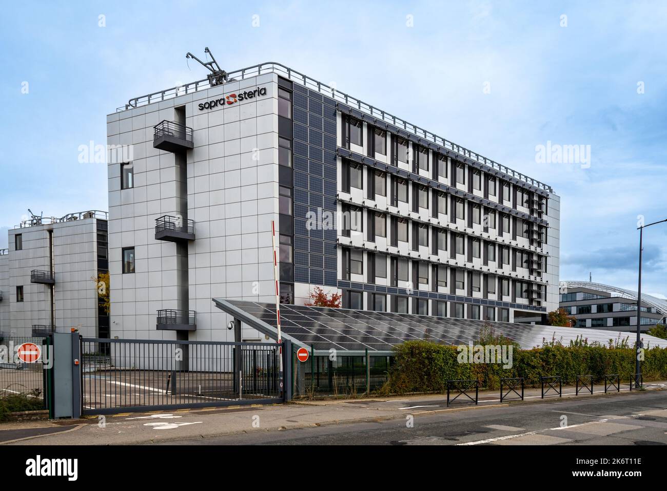 Exterior view of the positive energy building of Sopra Steria, a French ...