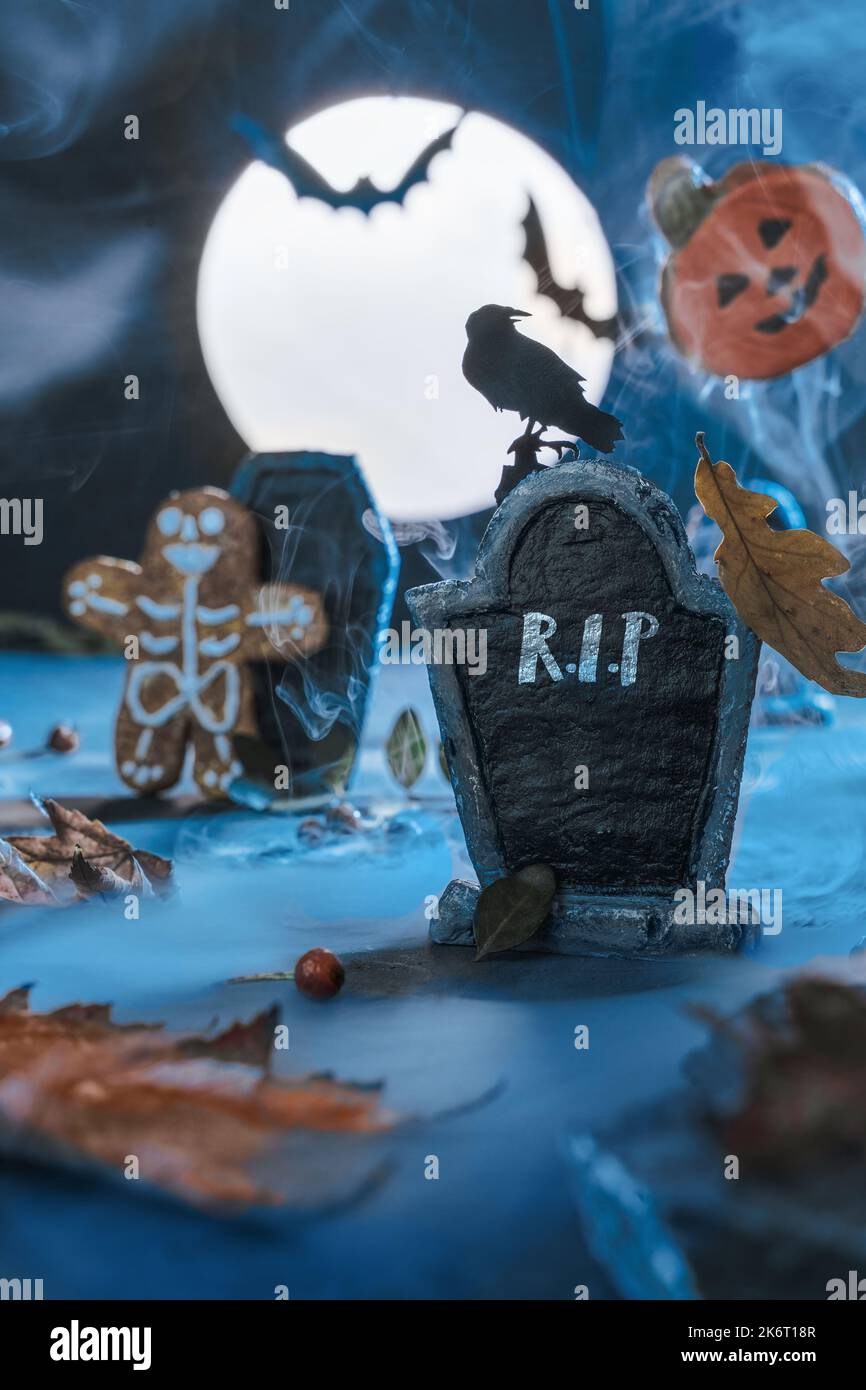 Close up of a tombstone in a cemetery. Copy space. Scary cemetery in ...