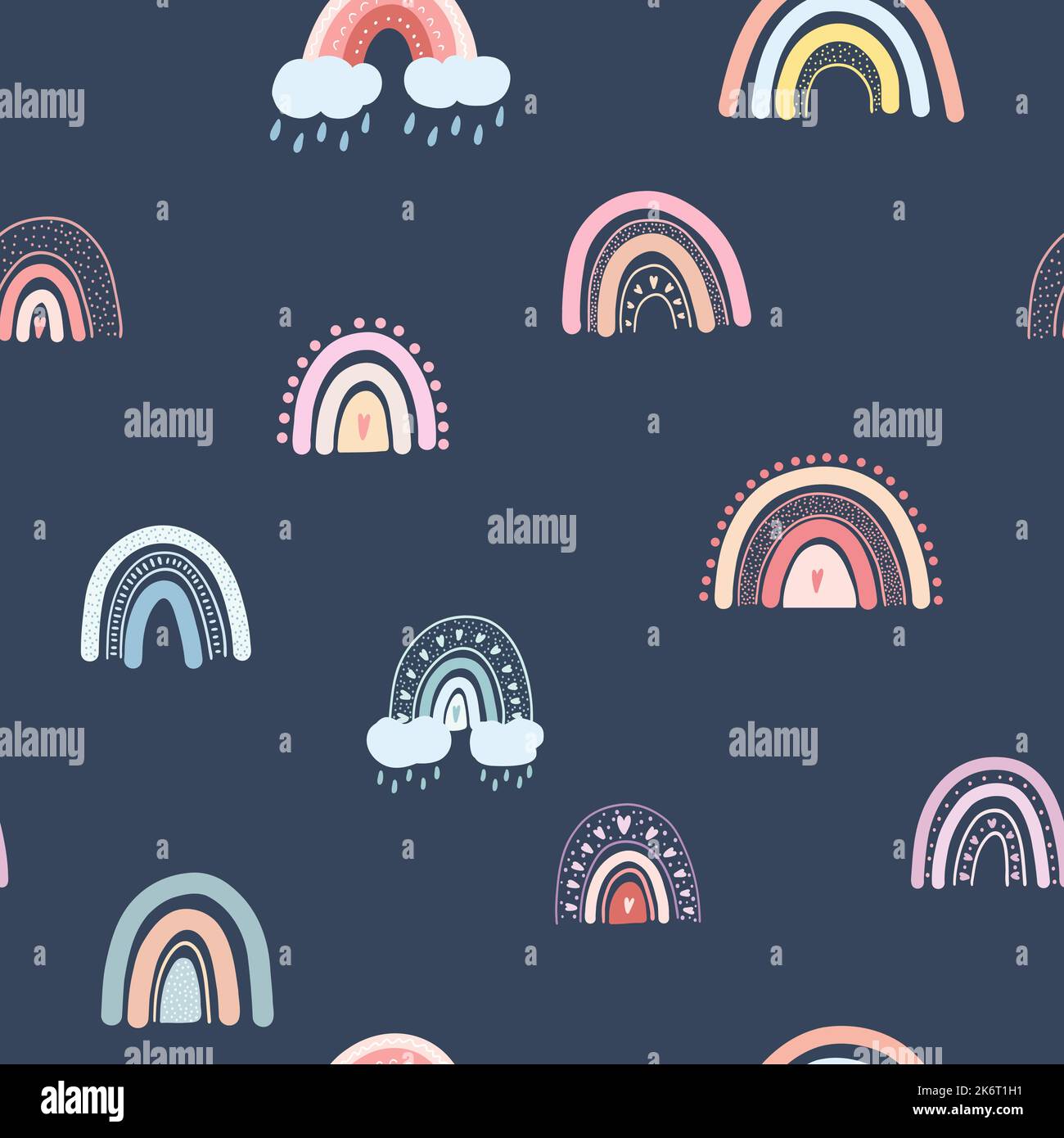 Seamless pattern with hand drawn rainbows, hearts, clouds, raindrops ...