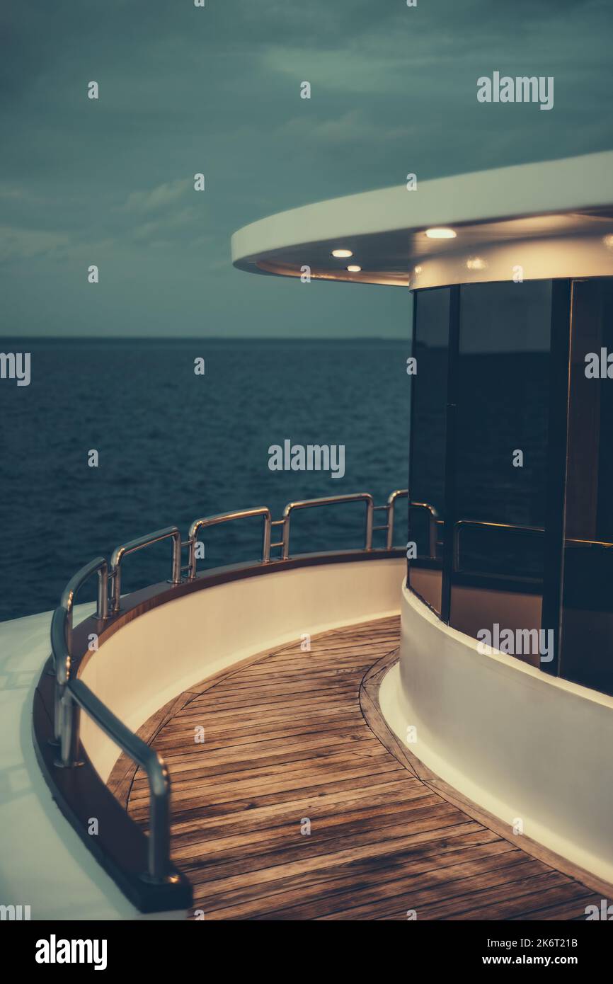 A vertical low-key view of a diving safari yacht's middle deck with a ...