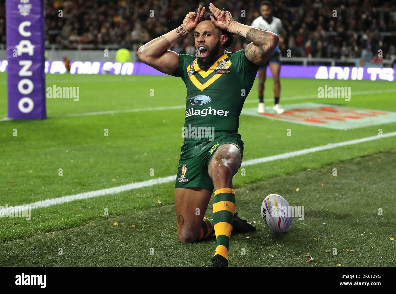 Australia's Josh Addo-Carr celebrates scoring his side's second try of ...