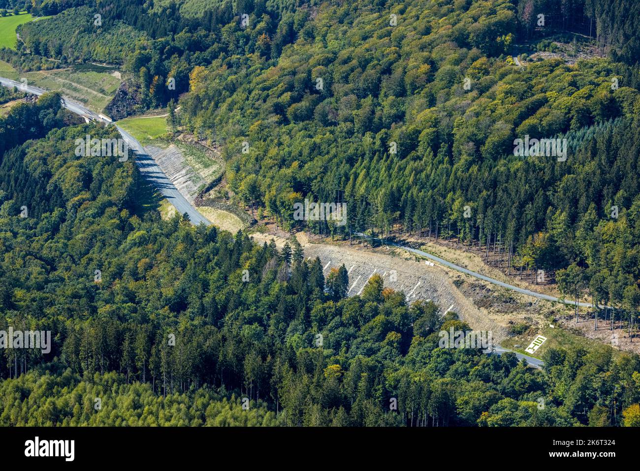 , Aerial view, road construction work of the L776 in the forest area ...
