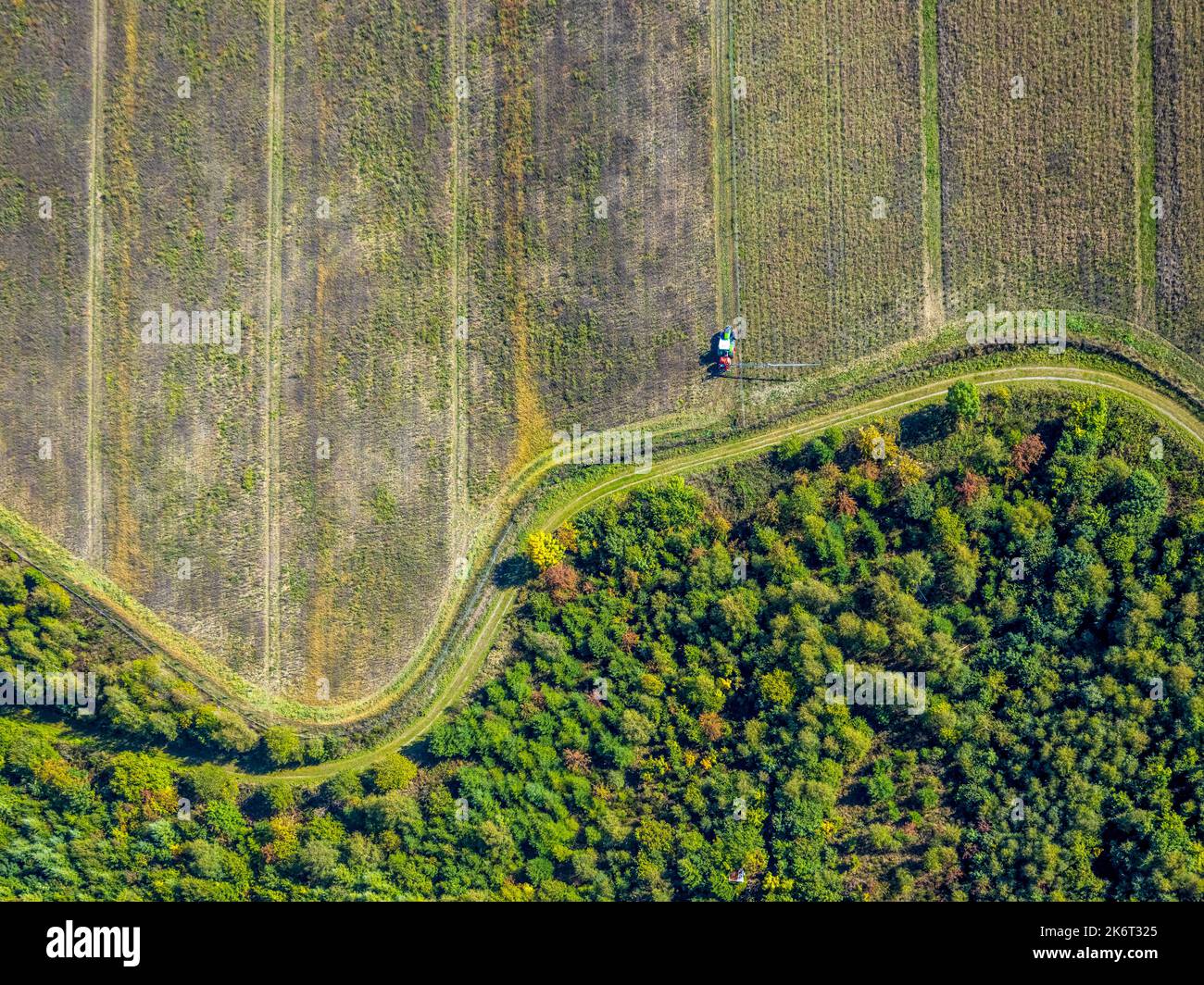 aerial view, field work, tractor on field, agricultural work, spray ...