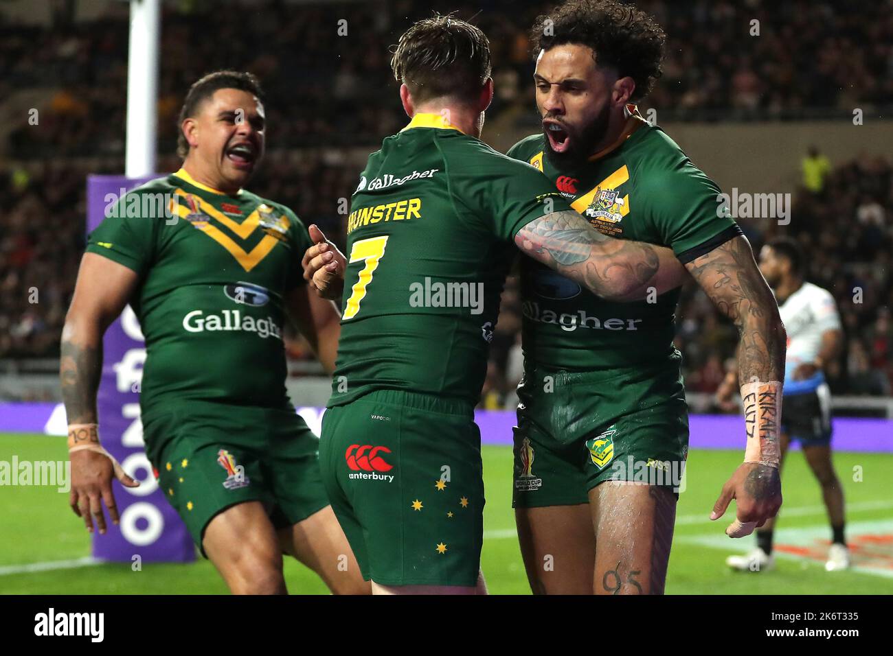 Australia's Josh Addo-Carr (right) celebrates scoring his side's second ...