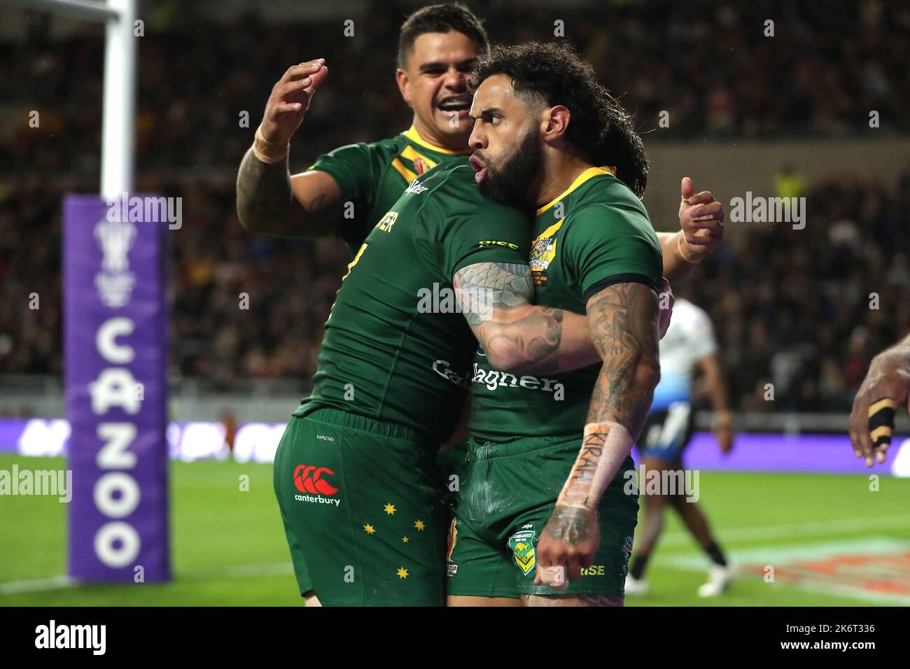 Australia's Josh Addo-Carr (right) celebrates scoring his side's second ...
