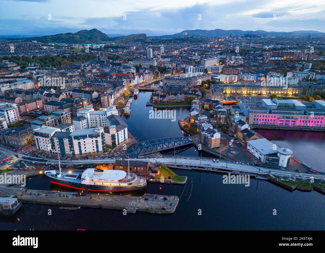 Aerial view at dusk of Leith and Water of Leith river , Edinburgh ...