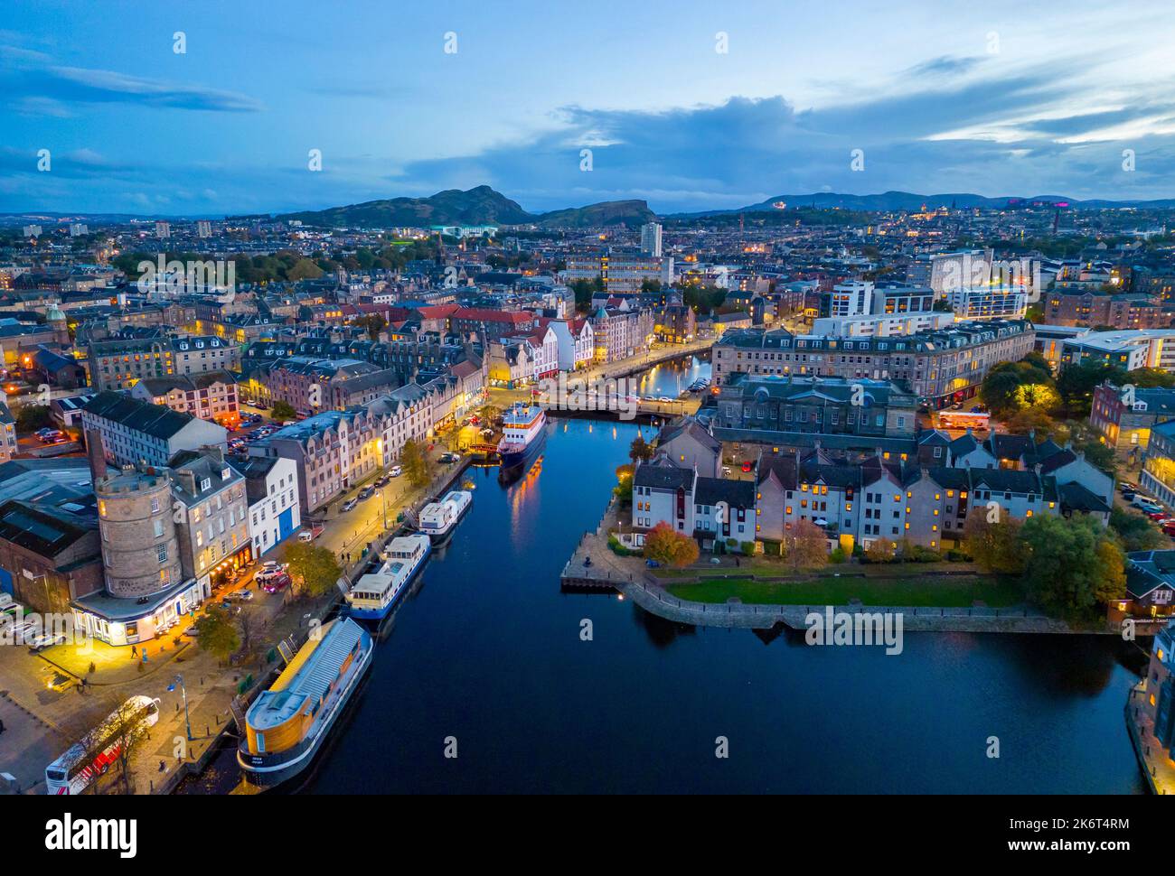 Aerial view at dusk of The Shore in Leith and Water of Leith river ...