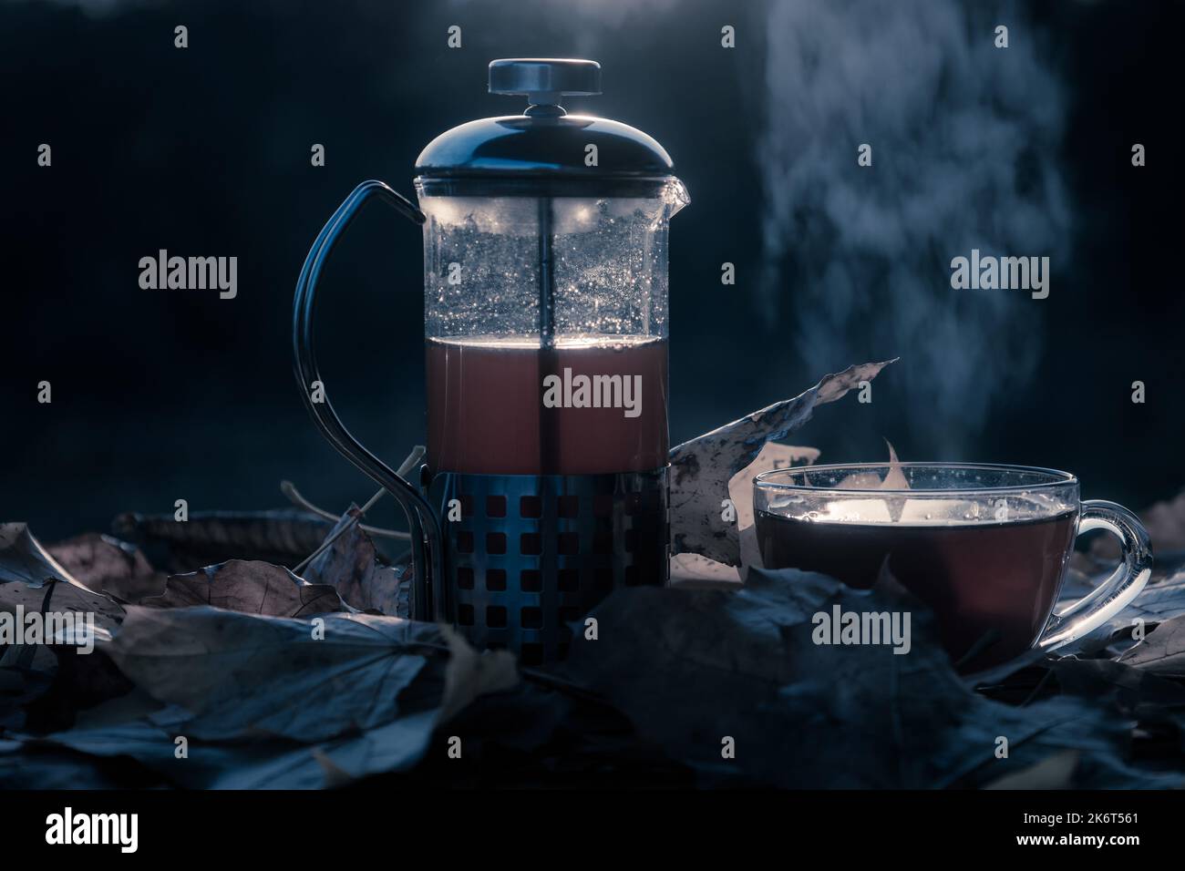 Teapot with tea and cup near autumn leaves Stock Photo - Alamy