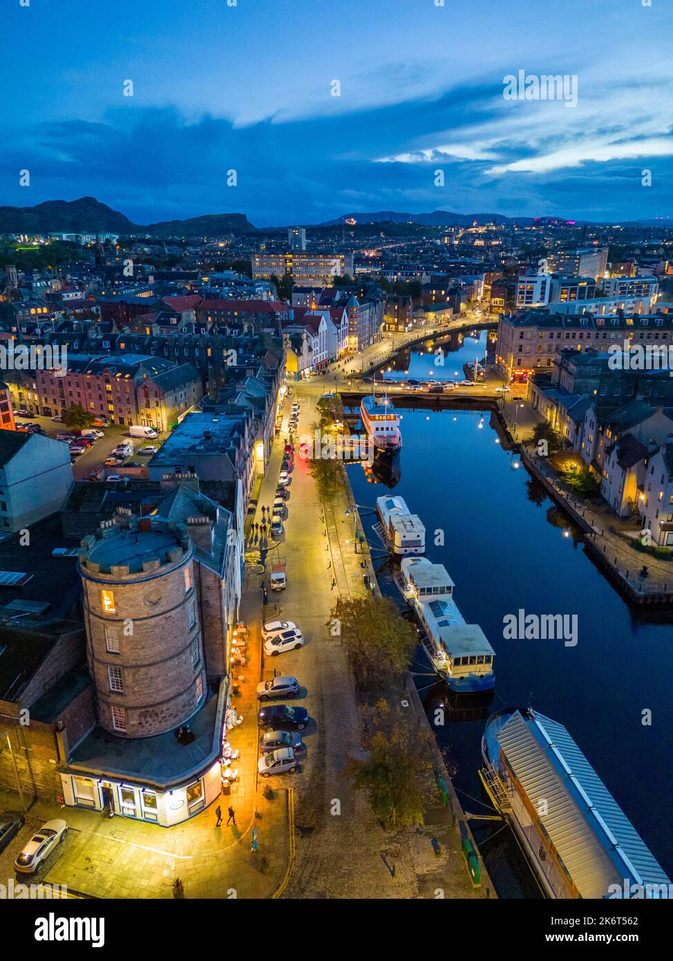 Aerial view at dusk of The Shore in Leith and Water of Leith river ...
