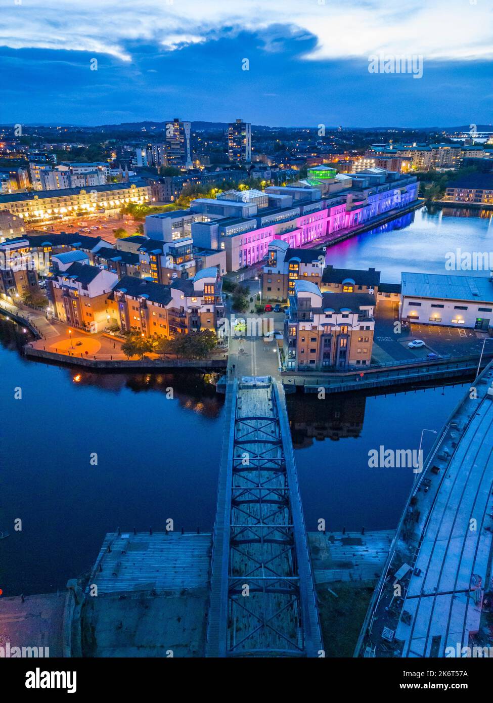 Aerial view at dusk of Leith and bridge over Water of Leith river ...