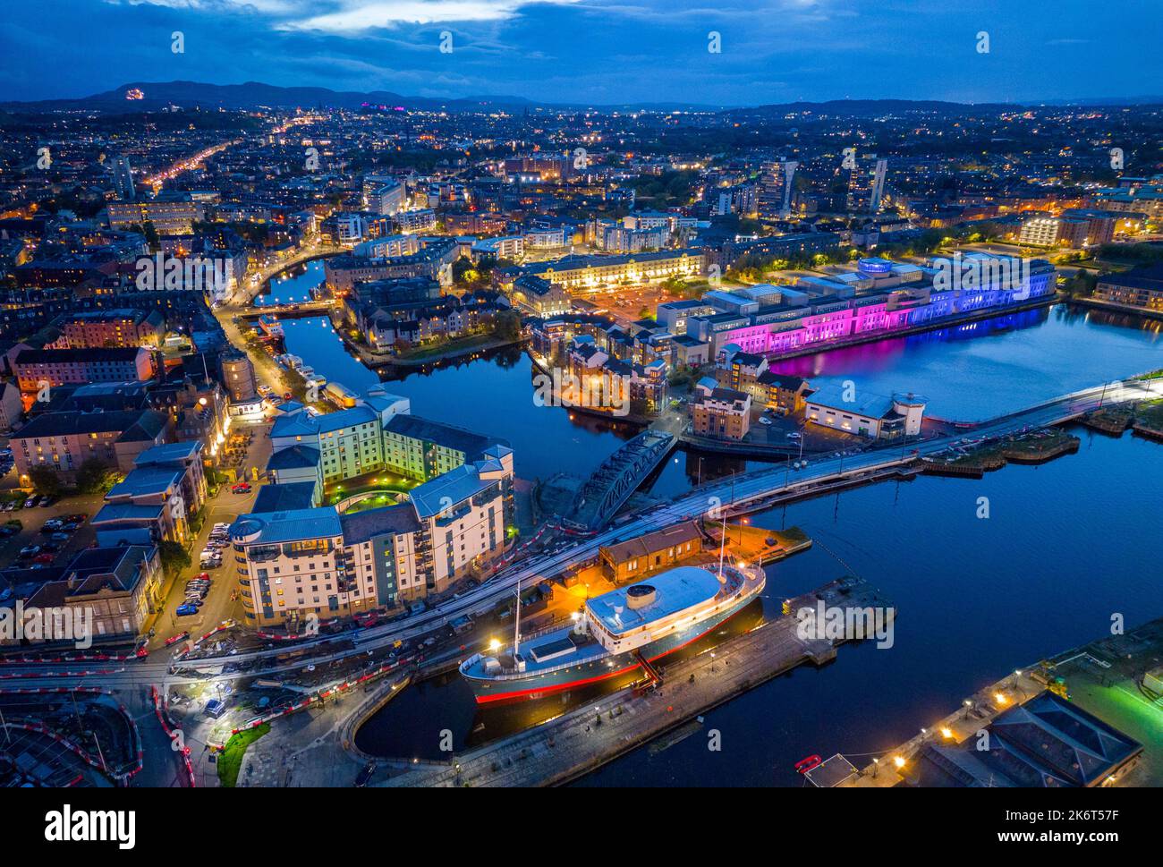 Aerial view at dusk of Leith and Water of Leith river , Edinburgh ...
