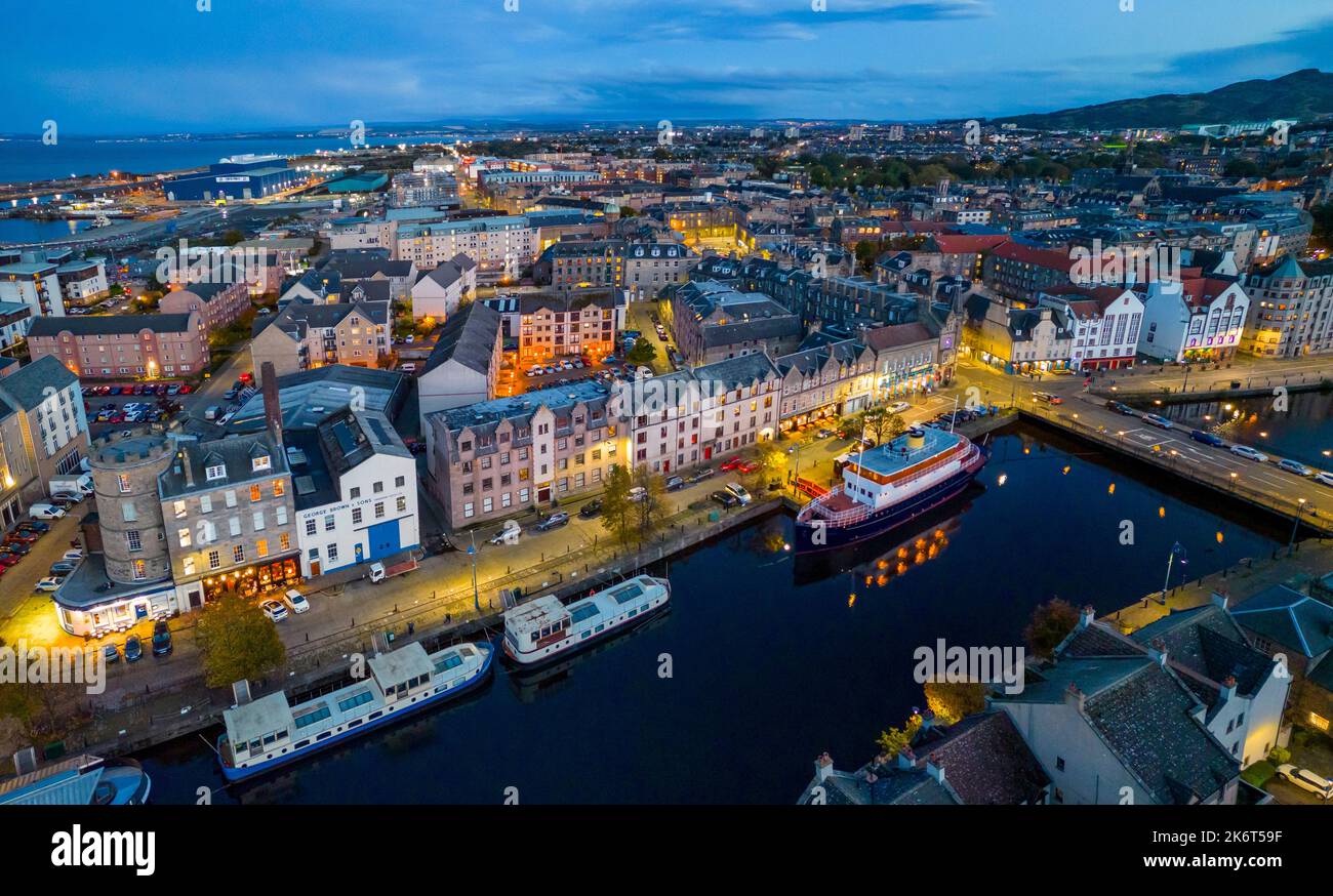 Aerial view at dusk of The Shore in Leith and Water of Leith river ...