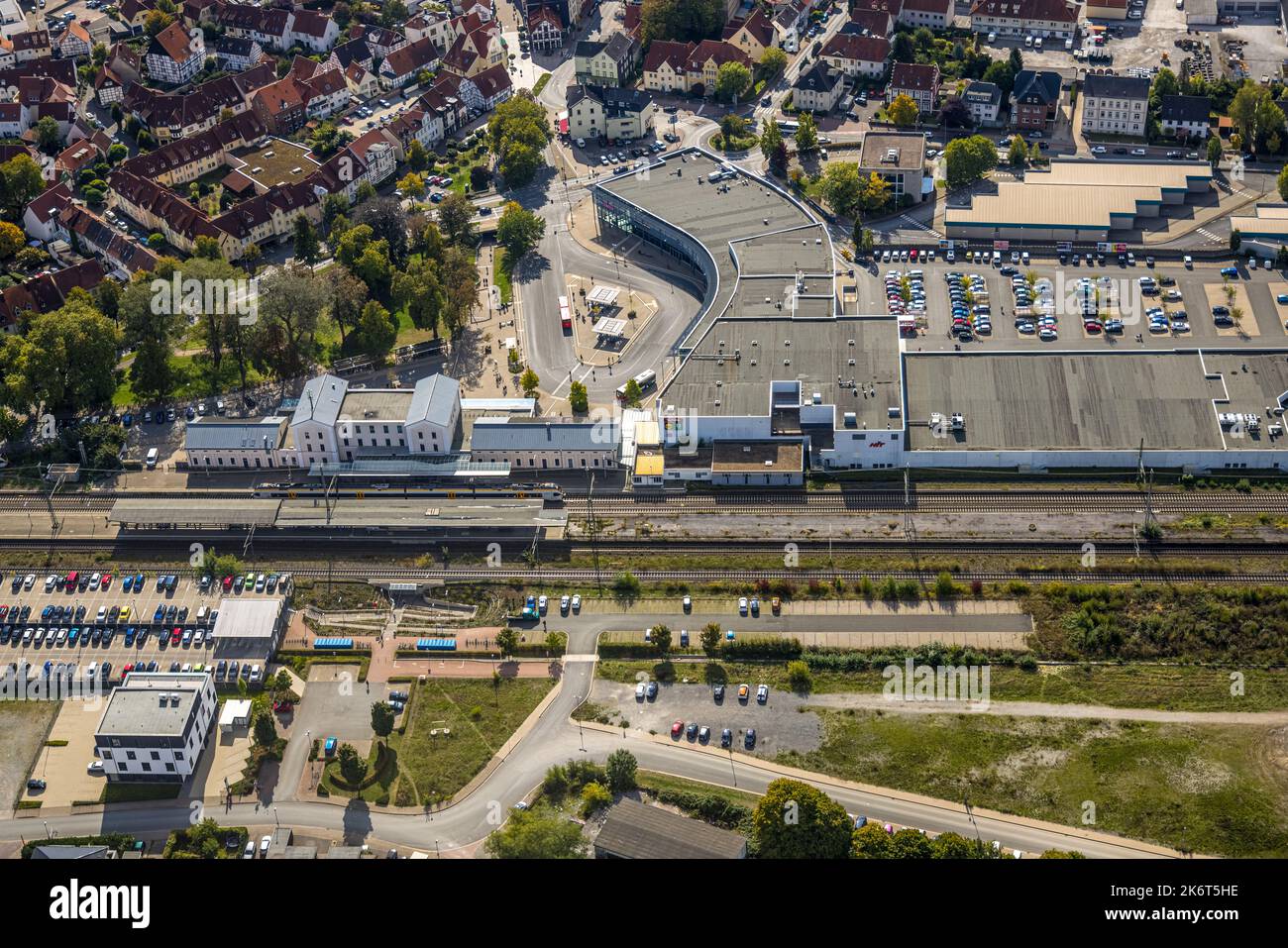 Aerial view, City-Center Am Bahnhof, Soest train station, Walburger ...