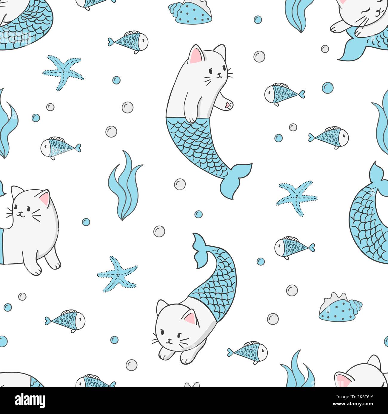 Cute cat mermaids seamless pattern. Vector marine background for kids ...