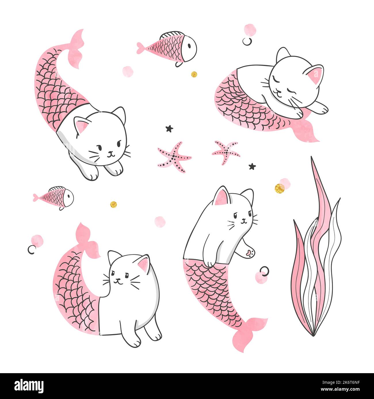 Marine set of cute cat mermaids. Sea vector collection for kids Stock ...