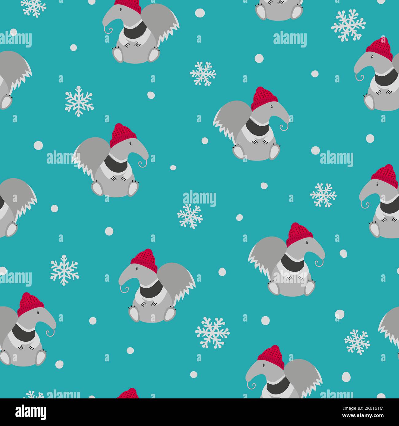 Seamless Christmas pattern with cute ant eater and snowflakes. Winter ...