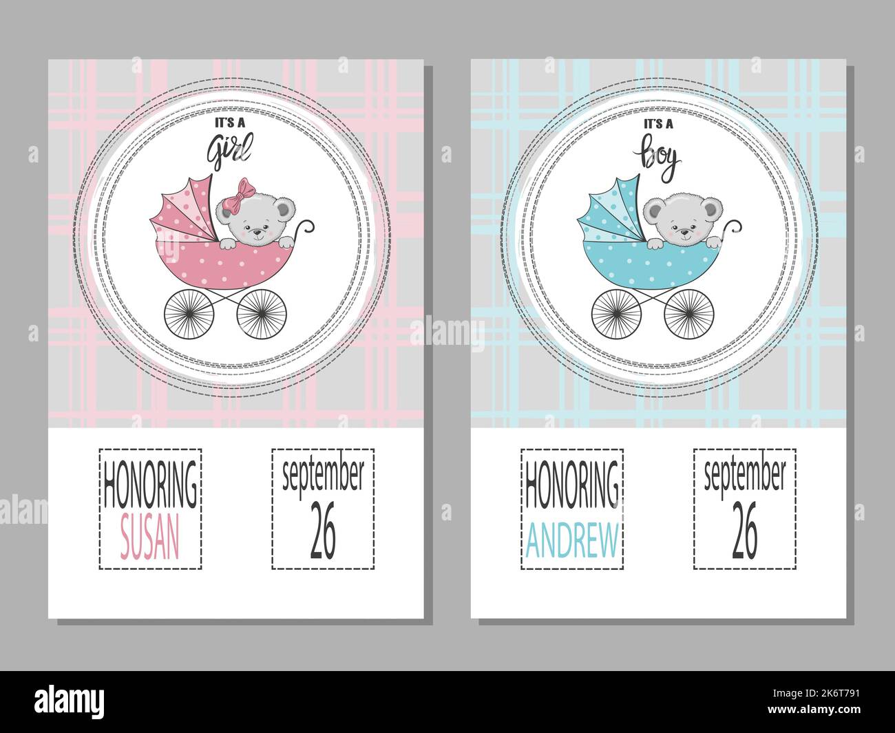 Baby shower posters with cartoon Teddy bear. Newborn announcement cards ...