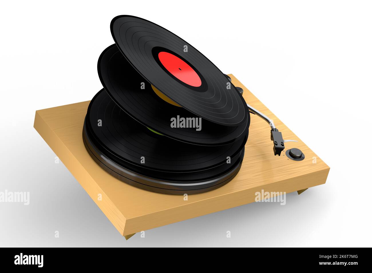Vinyl record player or DJ turntable with flying vinyl plate on white ...