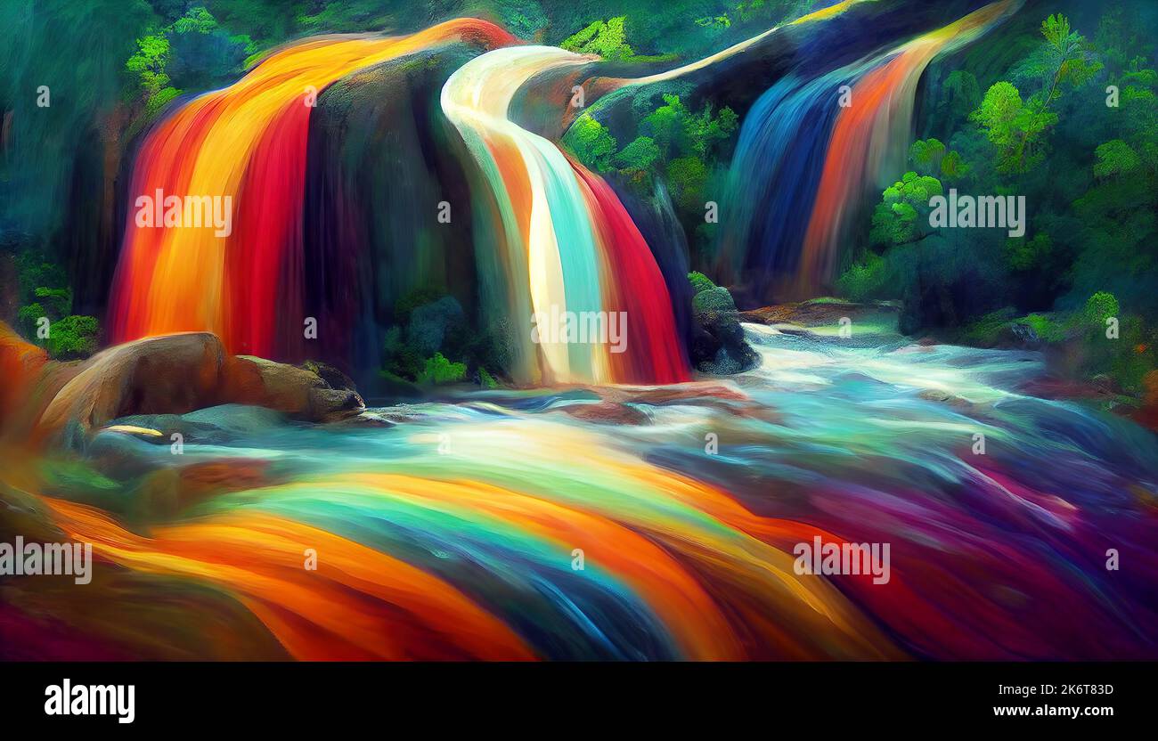 Magical waterfall stream different color forest. Digital illustration ...