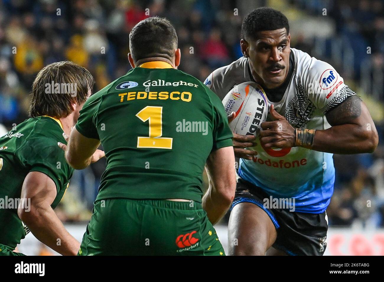 Tui Kamikamica of Fiji makes a break during the Rugby League World Cup ...