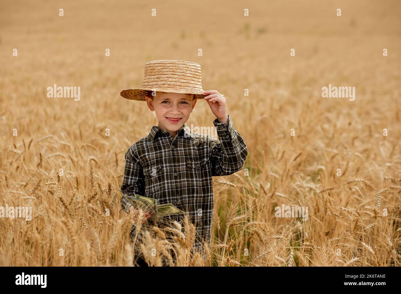 A smiling little farmer boy in a plaid shirt and straw hat poses for a ...