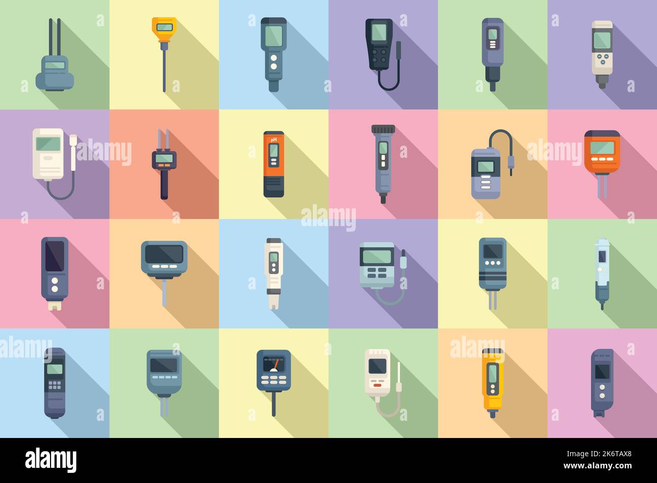Ph meter icons set flat vector. Chemical acid. Biology meter Stock ...