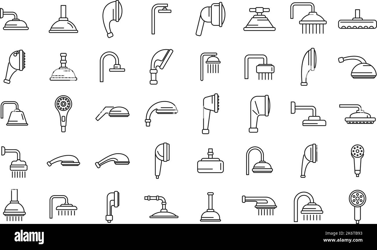 Shower heads icons set outline vector. Water bathroom. Falling hose ...