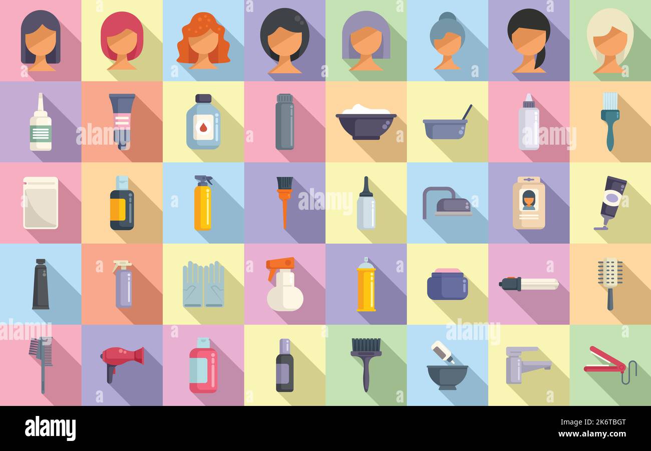 Hair colouring icons set flat vector. Dye shower. Fashion style Stock ...