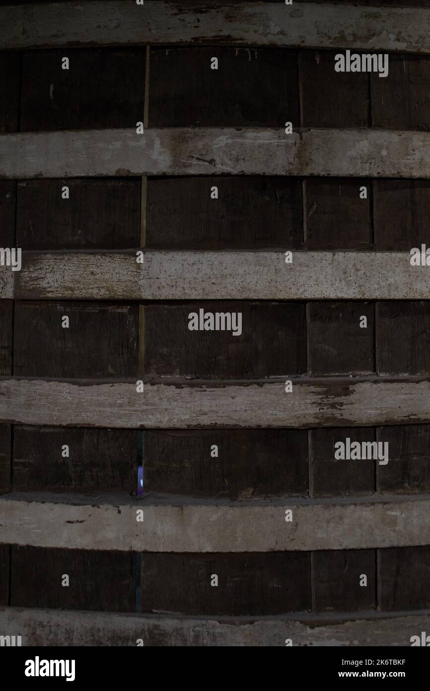 Vintage wine barrel texture. Old wood barrels with old brandy close up ...