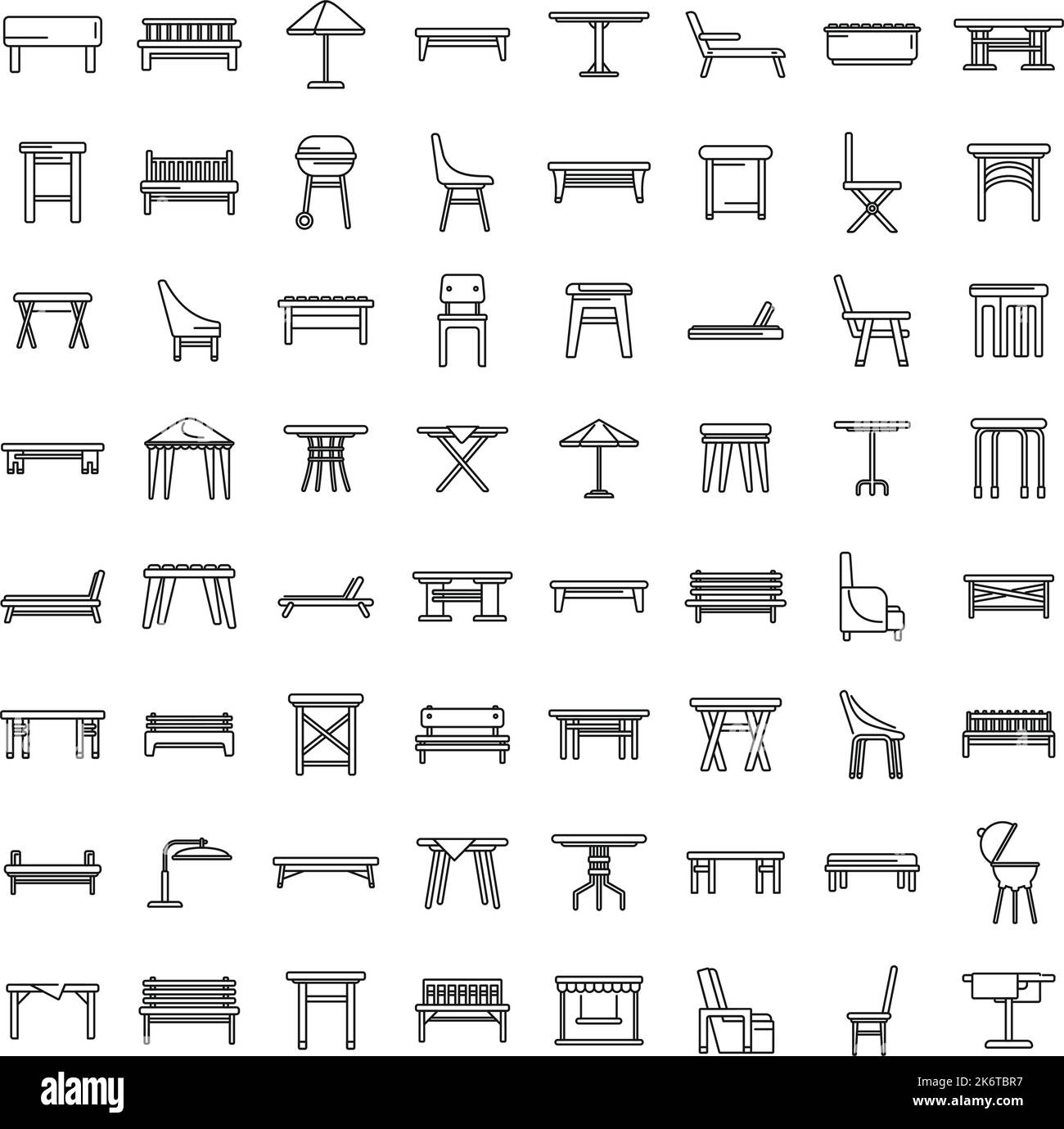 Outdoor furniture icons set outline vector. Garden patio. Deck bench ...