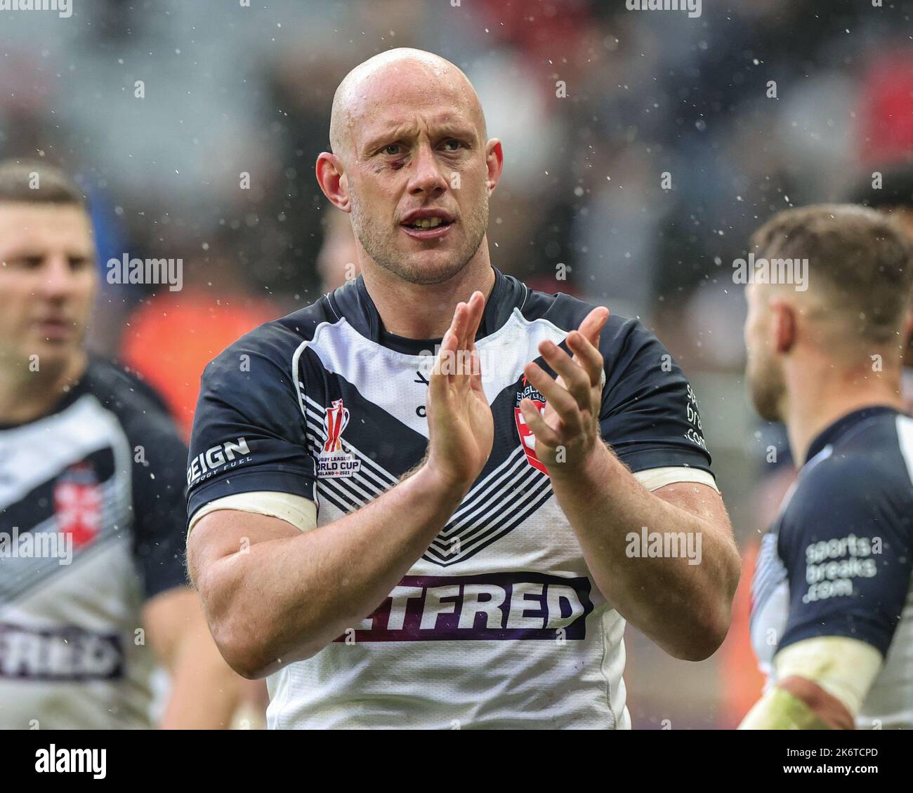Chris Hill of England applauds the fans during the Rugby League World ...