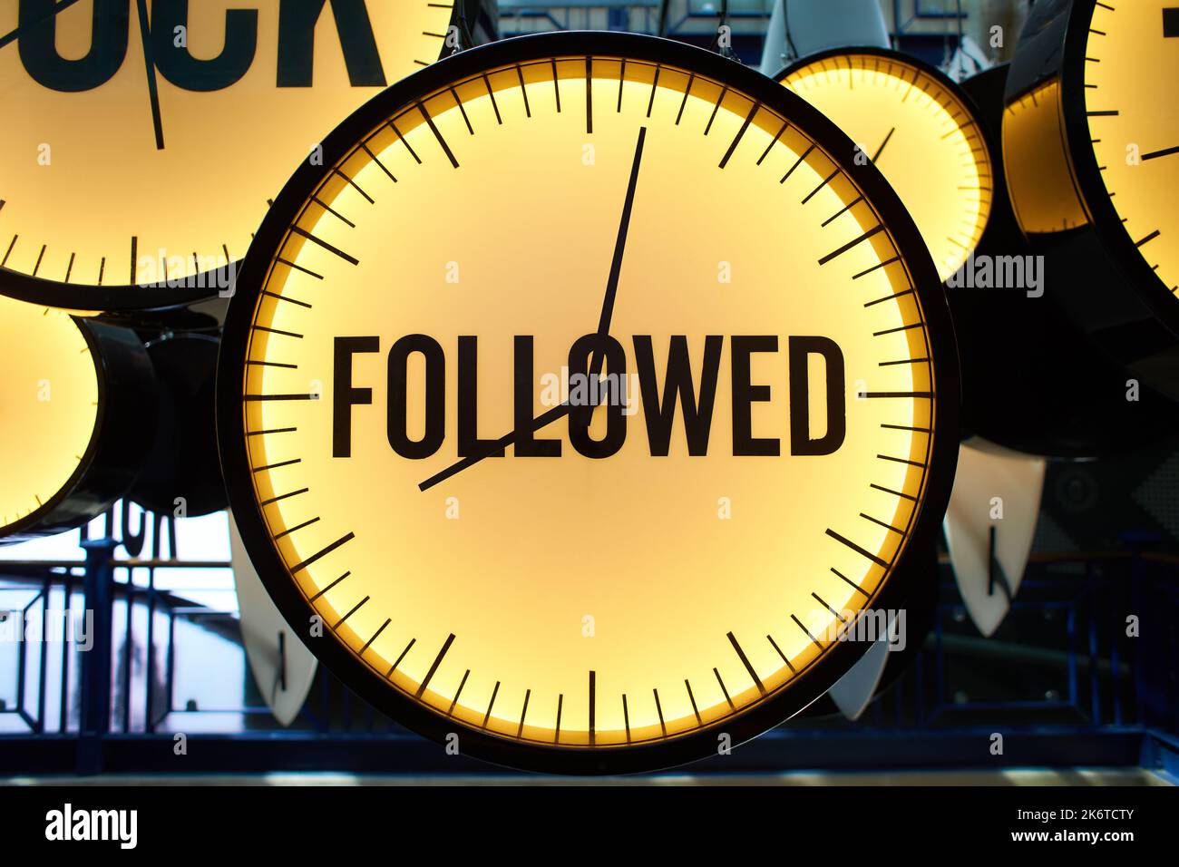 Clocks with inscriptions 'tik, tok and followed'.Yellow and blue Stock ...