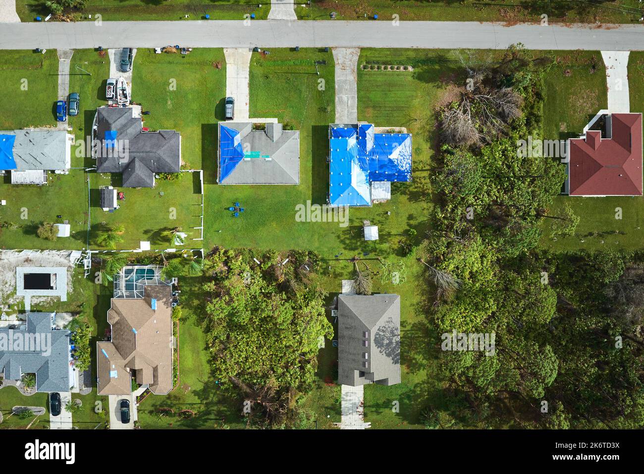 Aerial view of damaged in hurricane Ian house roofs covered with blue ...