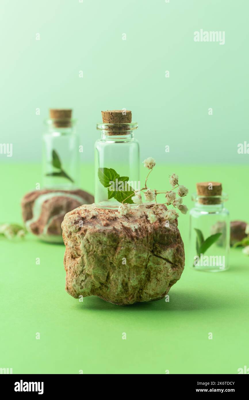 Organic, bio cosmetics healthy concept with natural plants in bottles ...