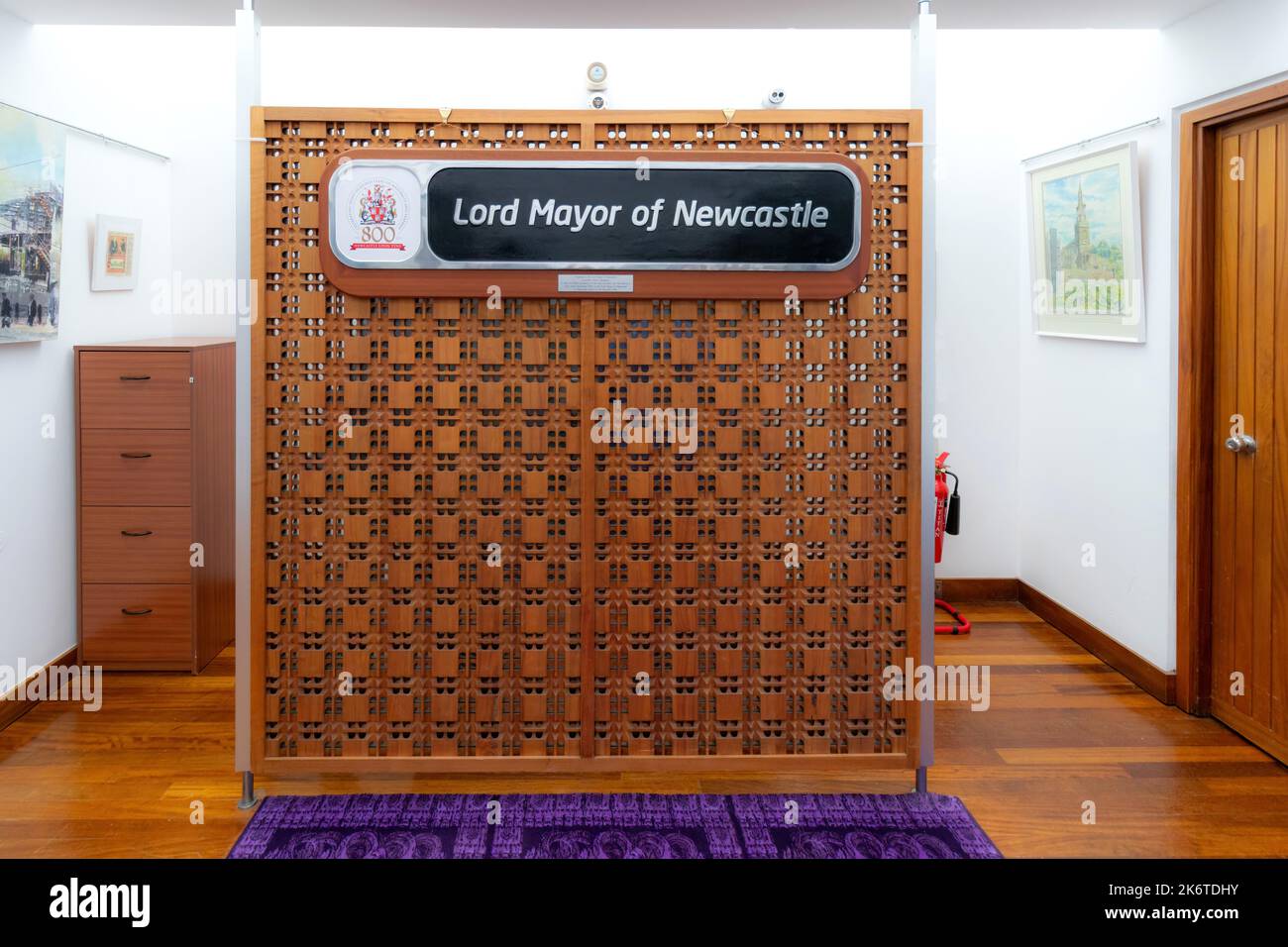 wooden screen and metal lord mayor of newcastle virgin train plaque mid ...