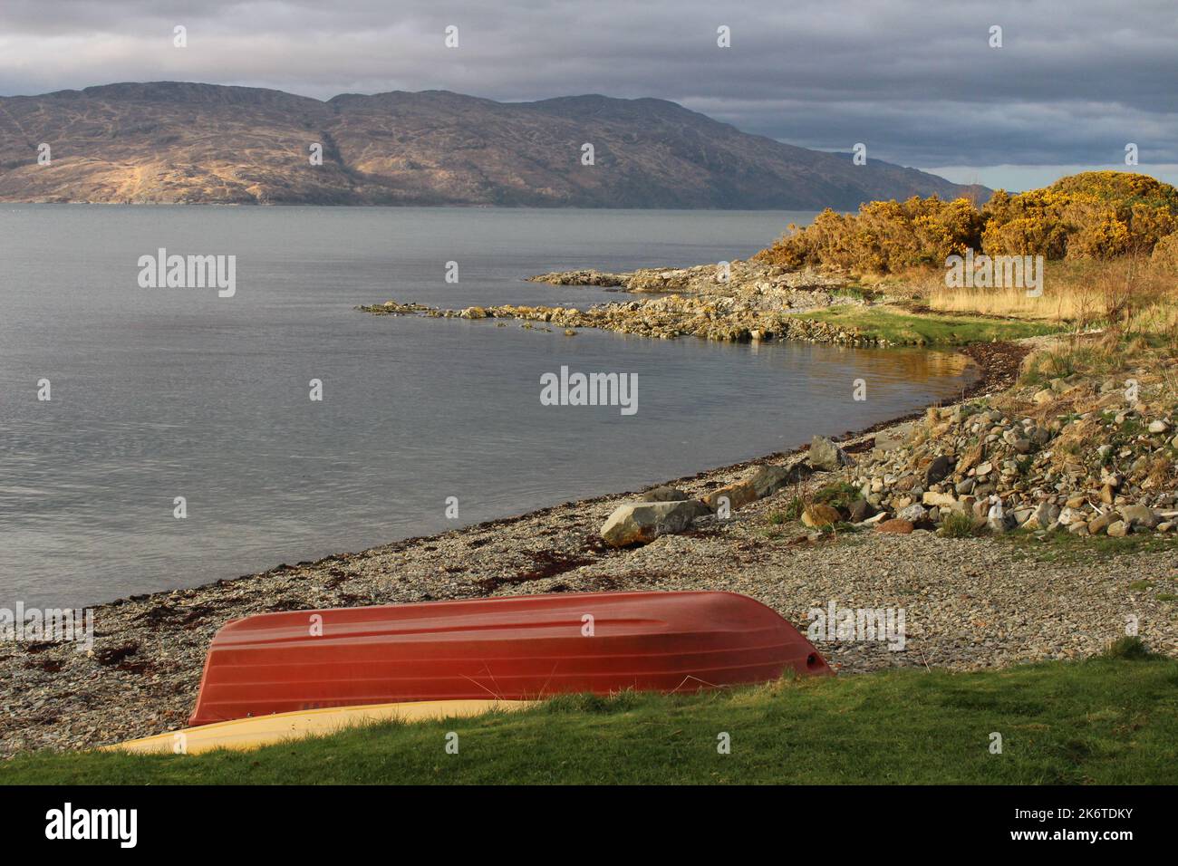 Upturned boat on the shore, Shielings Campsite, Craignure, Isle of Mull ...