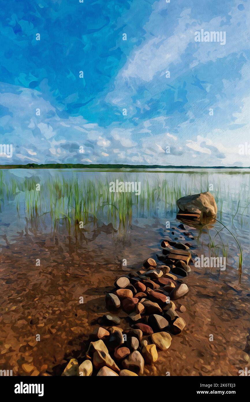 Digitally created watercolor painting of a serene lakeshore of Duncan ...